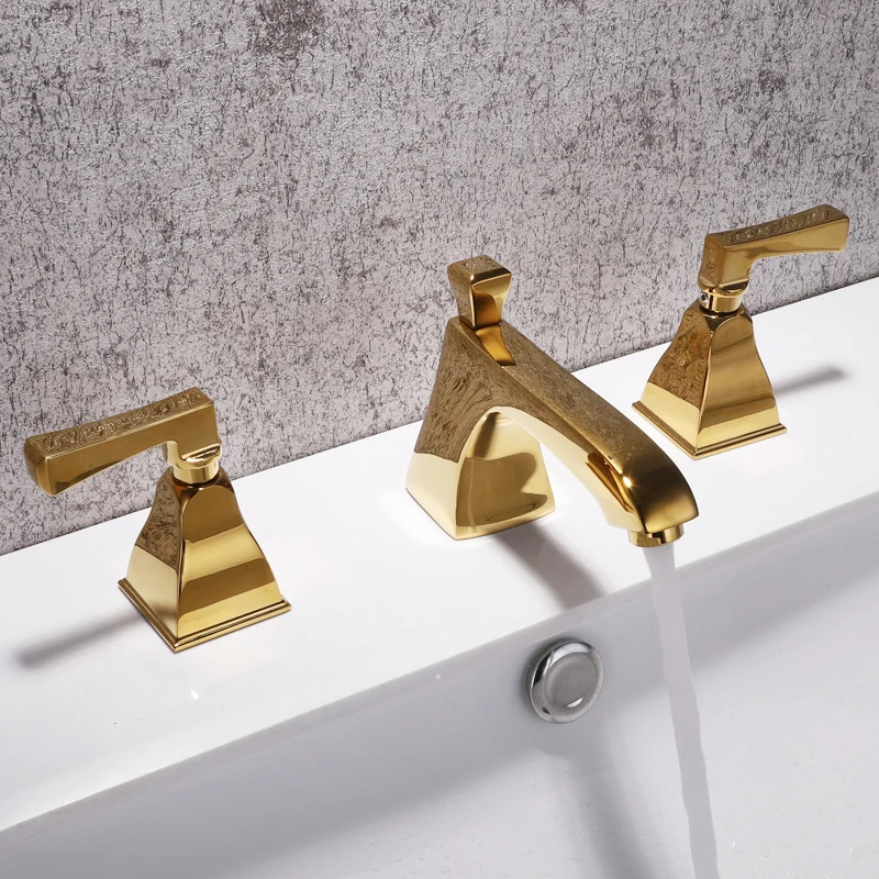 Luxury Gold Brass Bathroom Sink Faucet Three Holes Two Handles Basin