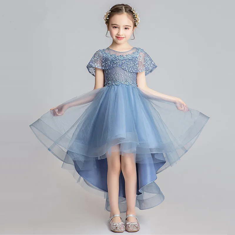 Blue Tulle Flower Girl Wedding Dress Long Ball Gown Evening Girls ...