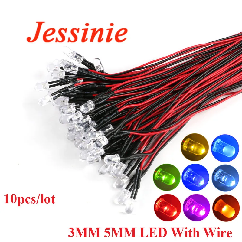 10PCS-3mm-5mm-F3-F5-LED-20cm-Pre-wired-White-Red-Green-Blue-Yellow-UV ...