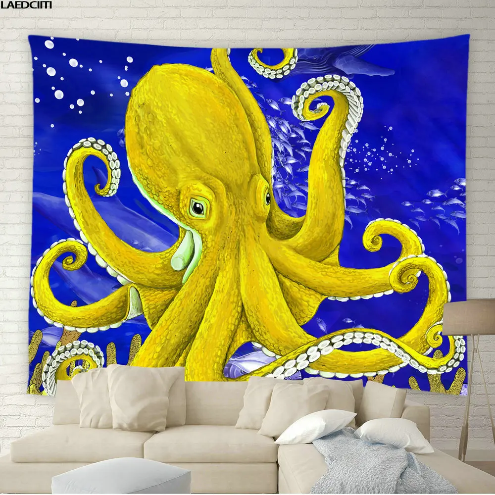 Hippie Octopus Tapestry Cartoon Colorful Ocean Animals Background Wall ...