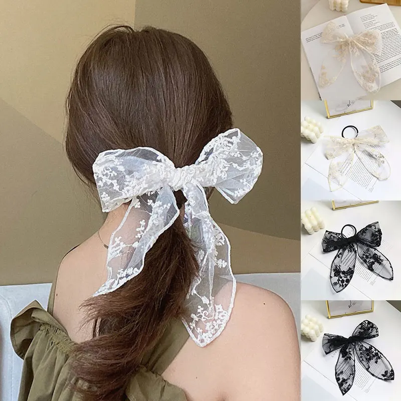 레이스 나비 매듭 리본 헤어핀 탄성 헤어 밴드 포니 테일 머리핀 여성 여자 블랙 화이트 패션 헤어 액세서리 2021 신상여성