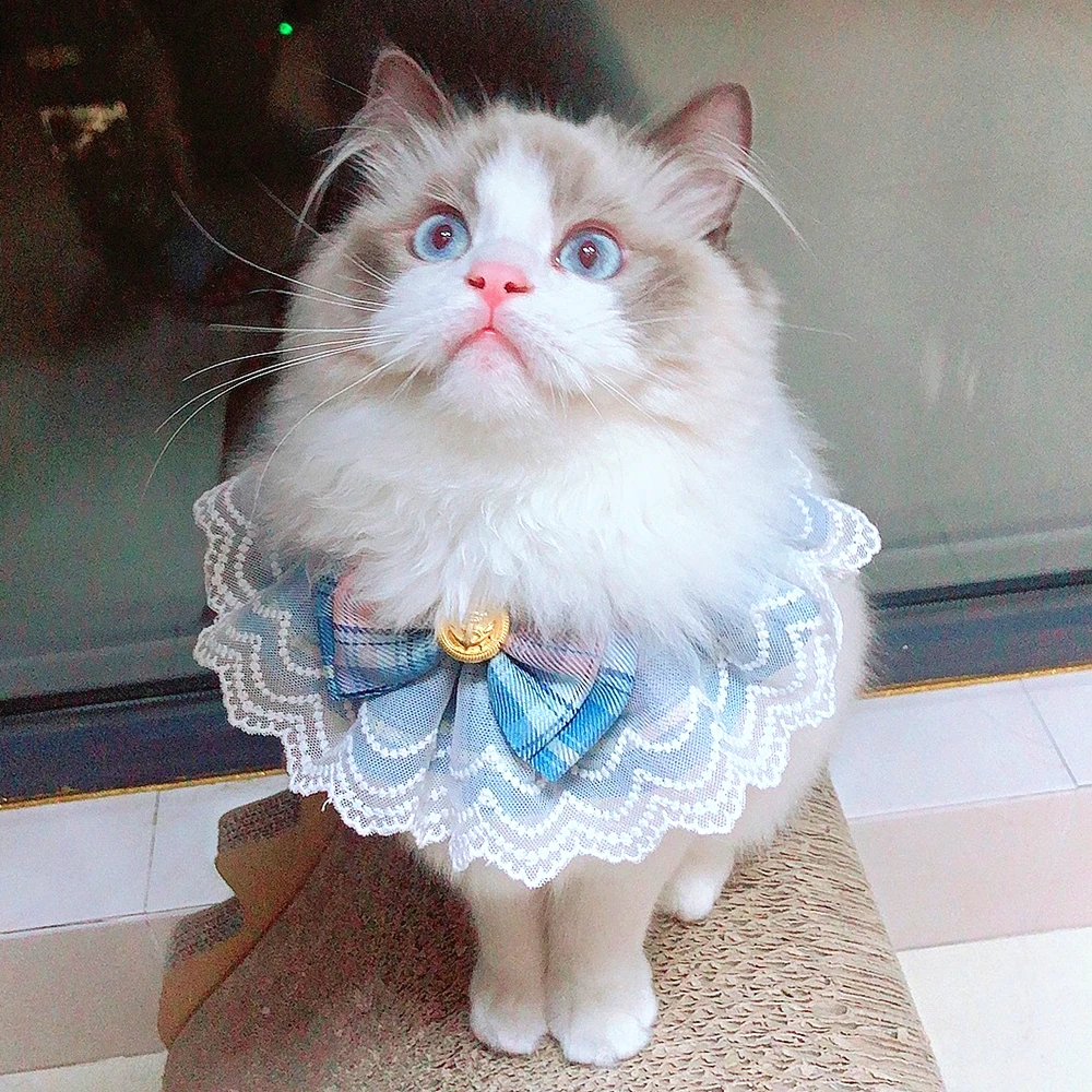 Plaid-Lace-Pink-Cat-Ribbon-Collar-Gauze-Kitten-Bowtie-Cotton-Dog ...