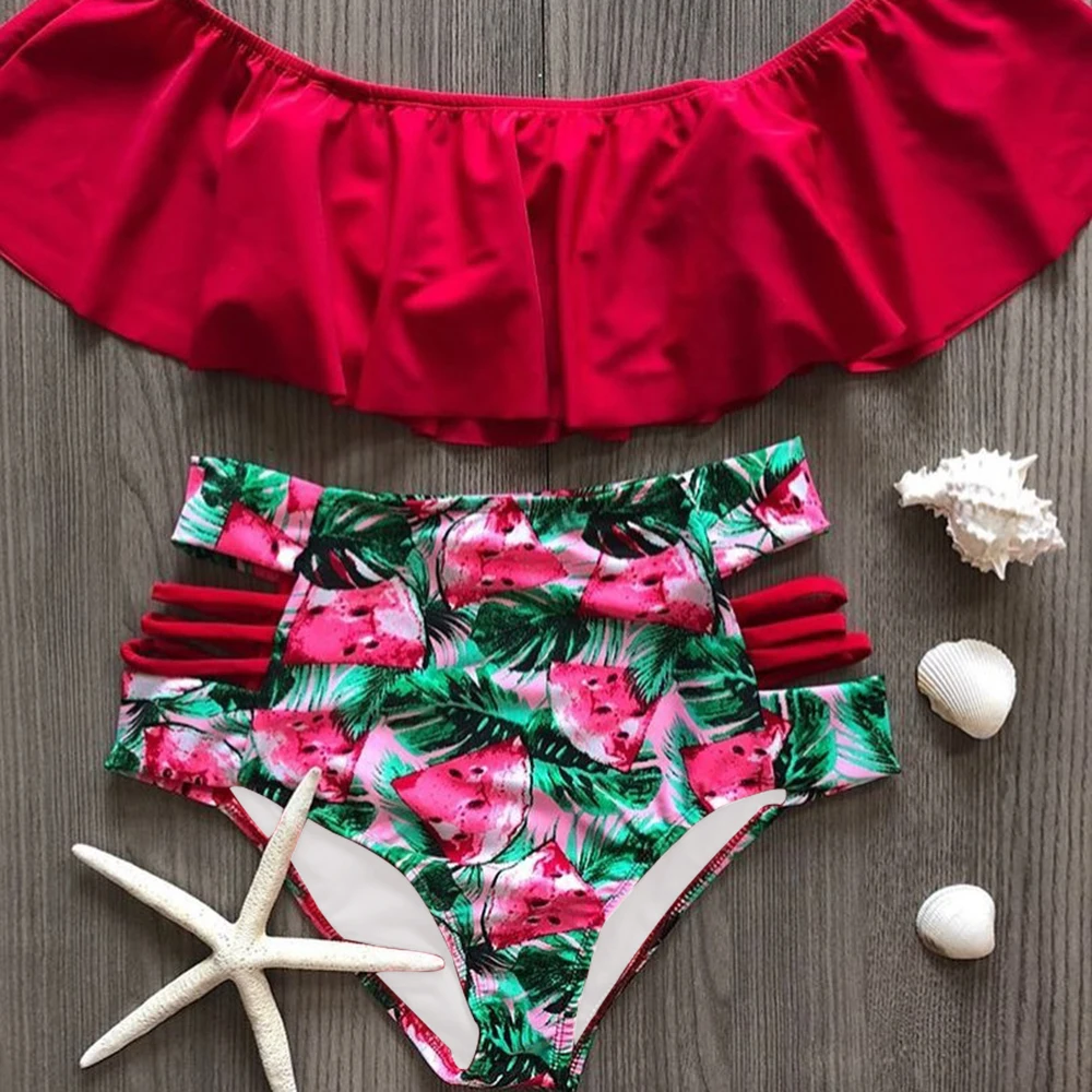 Flamingo Off The Shoulder Bikinis Women Swimsuit With Ruffle Plus Size ...