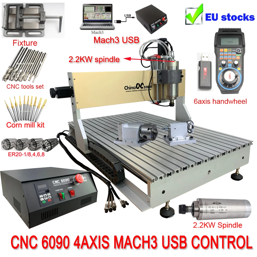 Cnc 6090 2.2kw 4axis Cnc Router Engraving Drilling Milling Machine Water-cooled-spindle Pcb ...