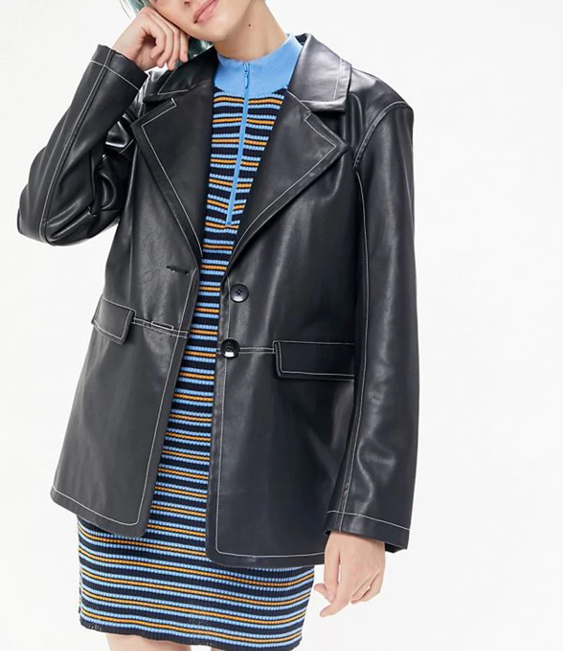 Women PU Jacket Lapel PU Coat Female Black Long Sleeve Turndown Collar ...