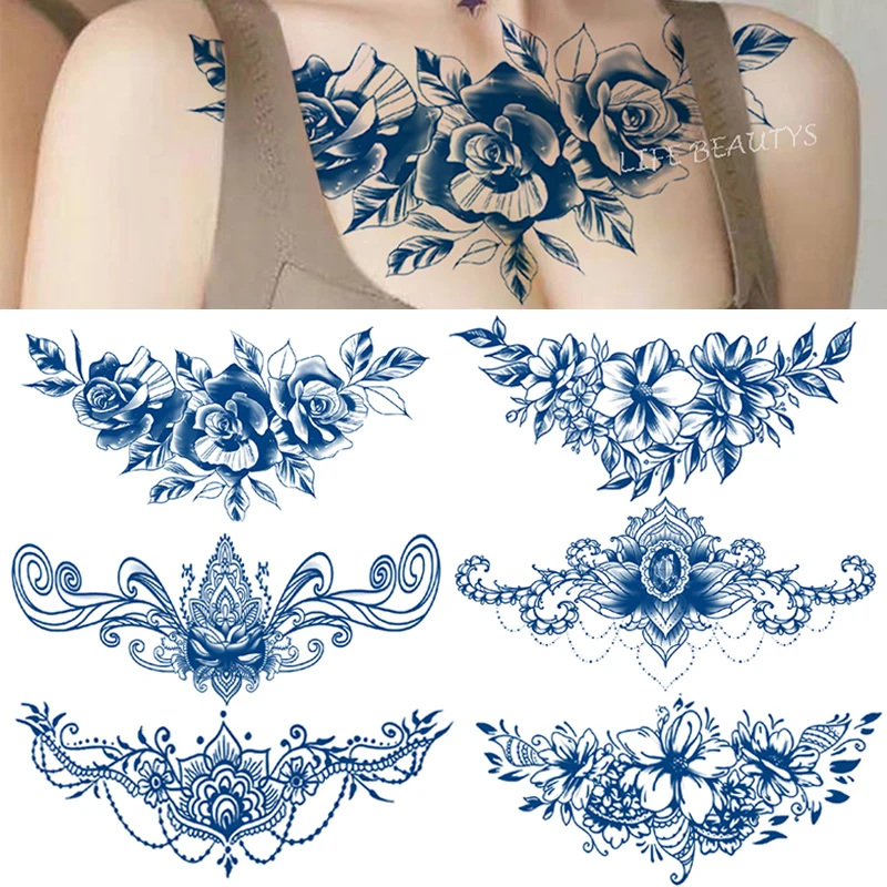 Juice-Lasting-Large-Chest-Tattoo-Flower-Diamond-Waterproof-Temporary ...