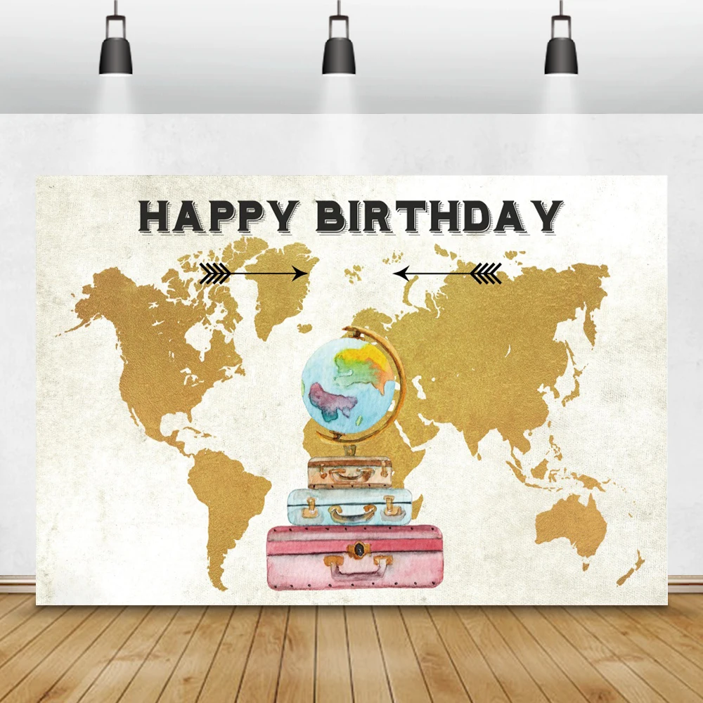 Laeacco-Birthday-Photo-Backdrop-World-Map-Globe-Suitcase-Balloons ...