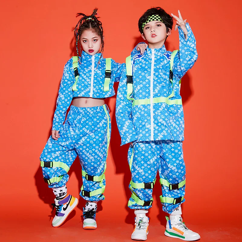 Kids-Hip-hop-Costume-Girls-Jazz-Dance-Tops-Pants-Blue-Set-Loose-Street ...