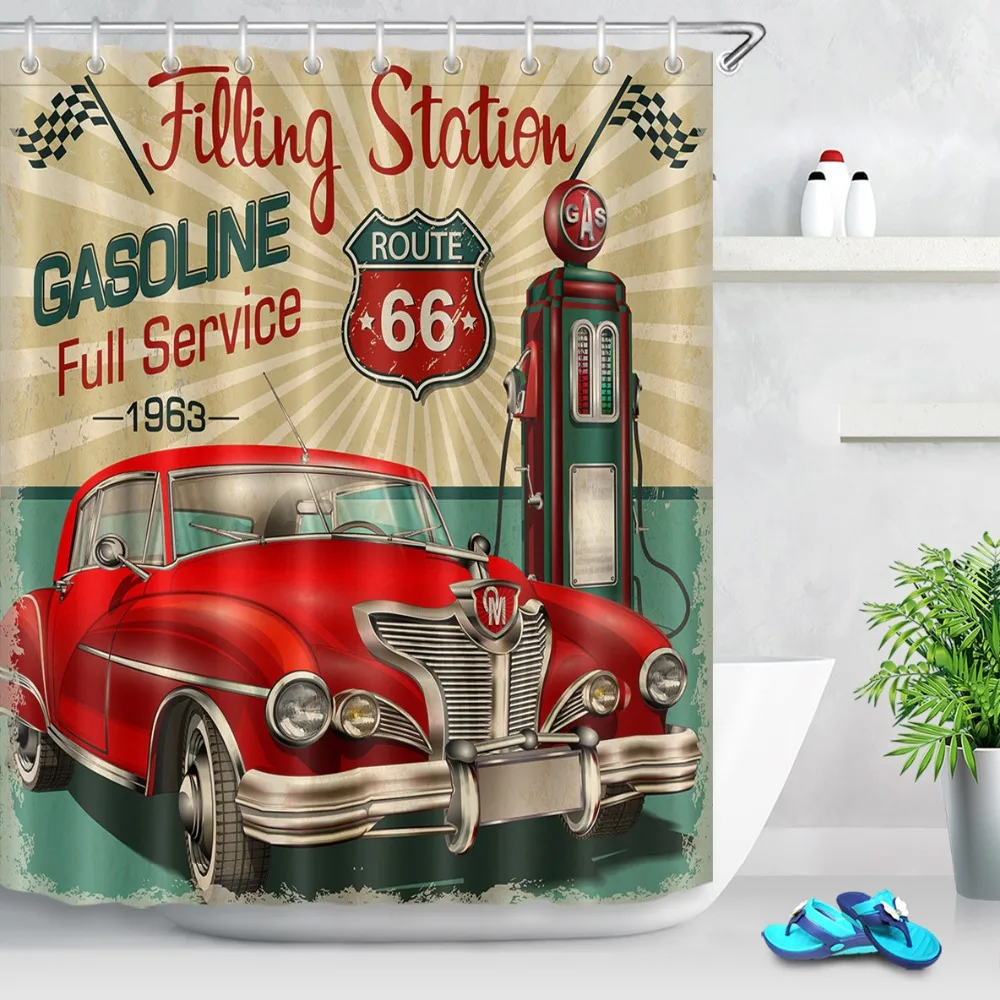 Route 66 Decor Filling Station for Car Bathroom Fabric Shower Curtain ...