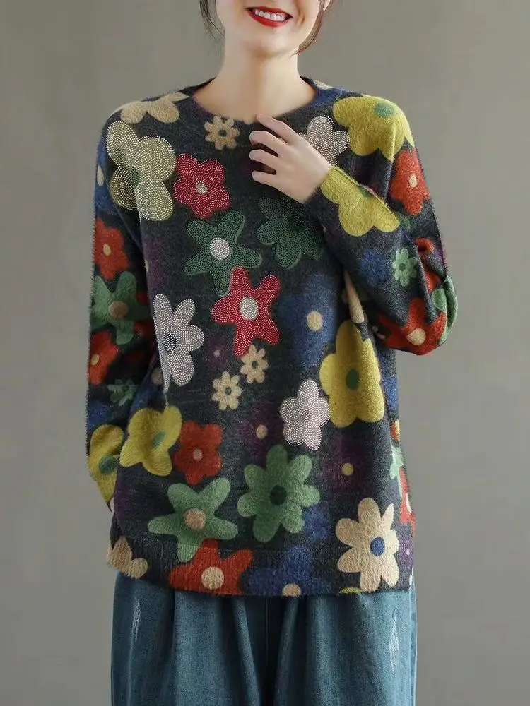 Imitated Mink Wool Floral Knit Sweater - Vesti Vogue