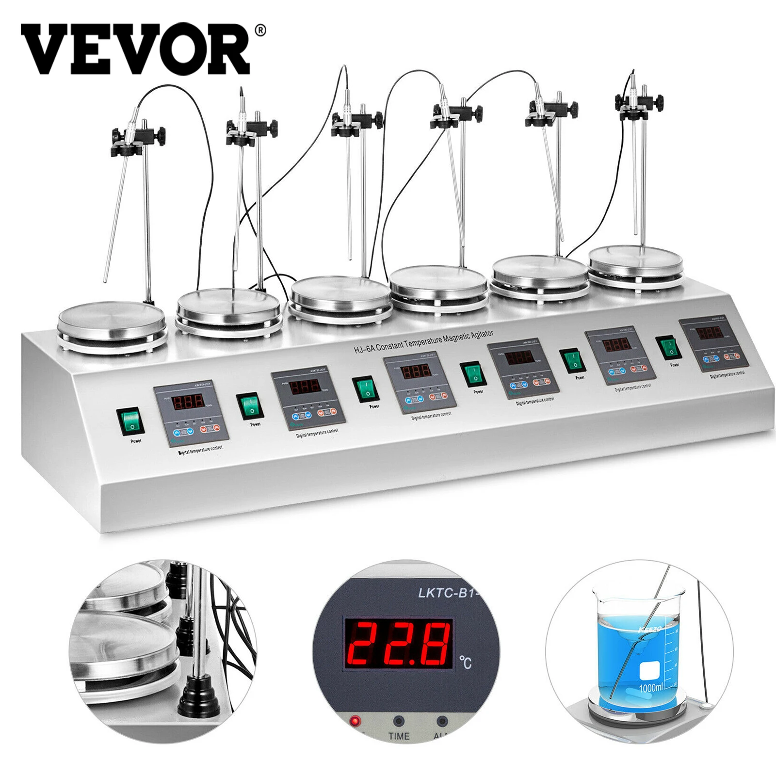 Vevor 1/2/4/6 Heads Magnetic Agitador With Hot Plate Vortex Electric ...