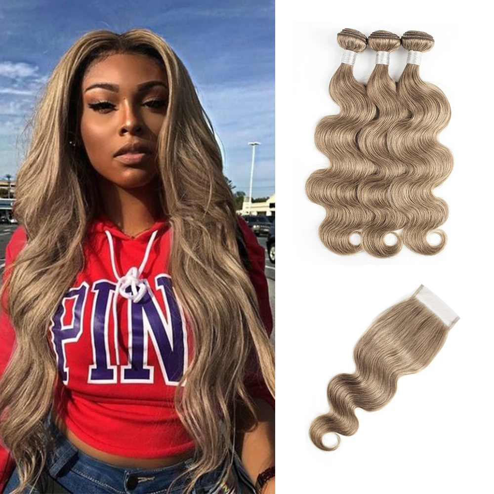 Color 8 Ash Blonde 2/3/4 Bundles With 4x4 Lace Closure Free Part Body ...