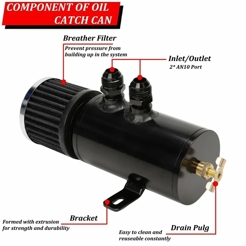 Black Aluminum 10AN Oil Catch Can Reservoir Tank +Breather Filter ...
