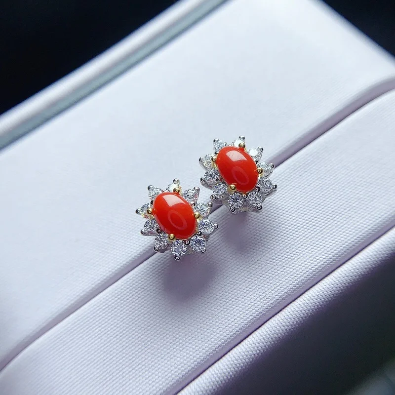 Jewelry Red Coral Stud Earring for Daily Wear 6*4mm Natural Precious ...