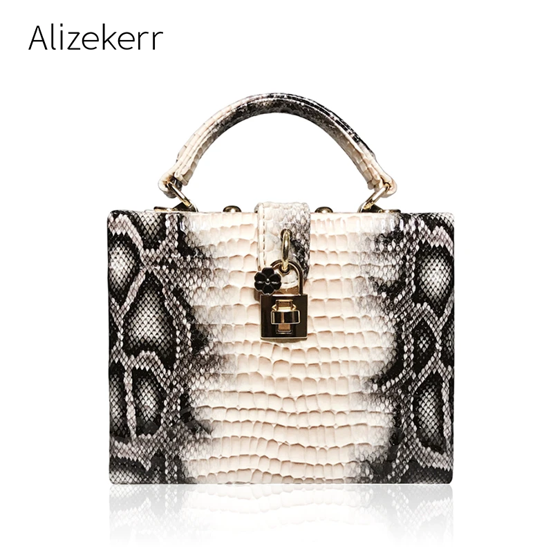 Snake Print Box Handbag Women Serpentine Lock Small Square PU Evening ...