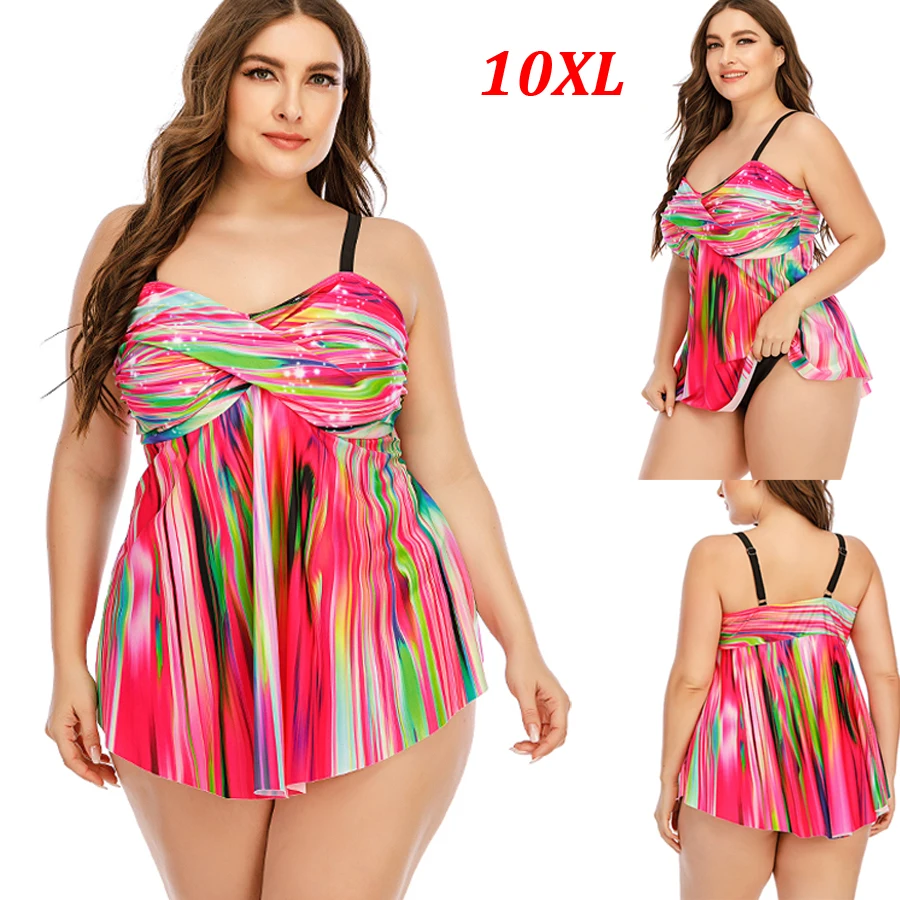 Colorful Strip Super Plus Size 10xl Two Piece Tankini Swimsuit Women