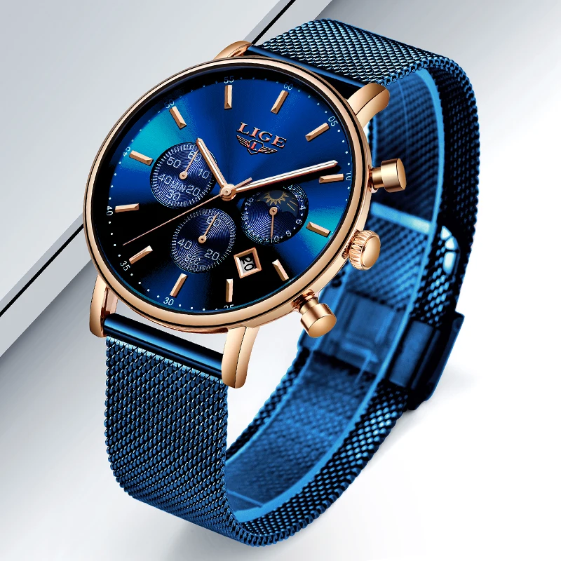 LIGE reloj analógico con correa de malla para hombre, accesorio de ...