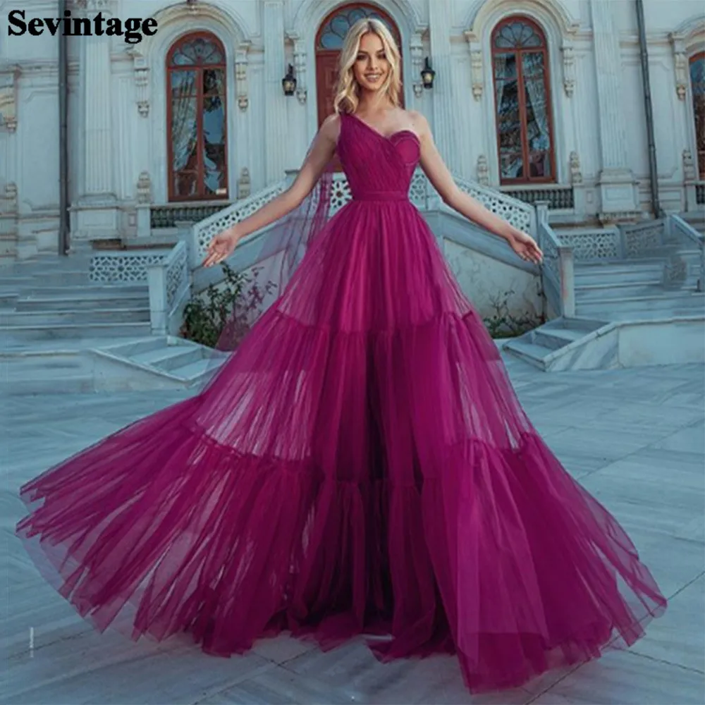 Sevintage One Shoulder Long Prom Dresses 2021 Tiered Tulle Formal ...