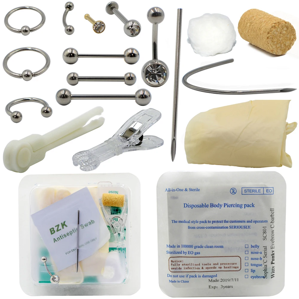 Disposable Body Piercing Kit Labret Ear Nose Nipple Belly Navel Septum ...