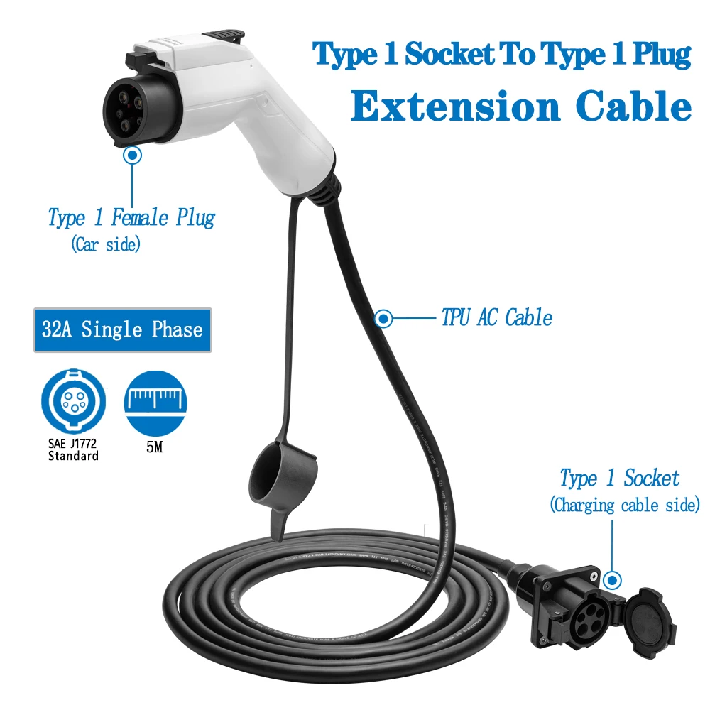 32A 7kw 5M EVSE Charging cable SAE J1772 female plug to type 1 male ...