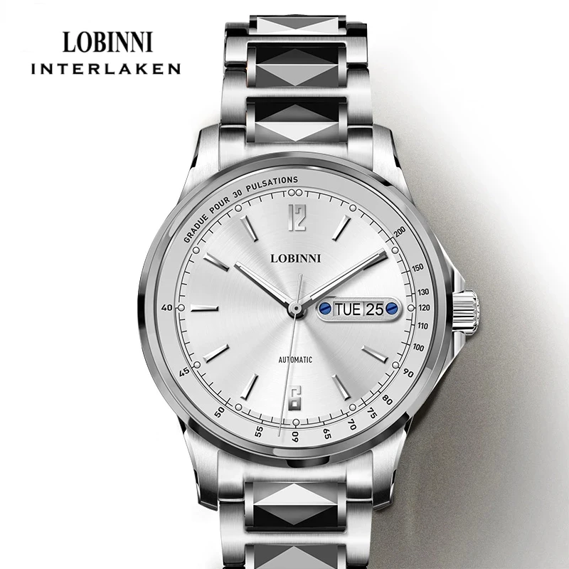 Lobinni luxo automático men relógios de aço inoxidável prata relógio ...