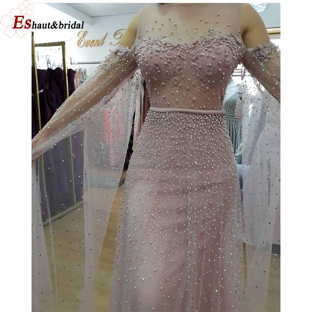 Blush Long Sleeves Beads Evening Dress 2020 O Neck Mermaid Tuttle Prom ...