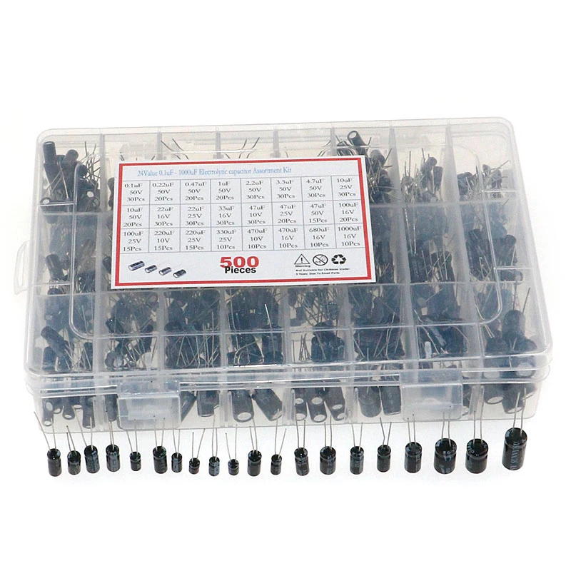 500PCS Electrolytic Capacitor Assortment Box Kit 0.1UF 1000UF 16V 50V ...