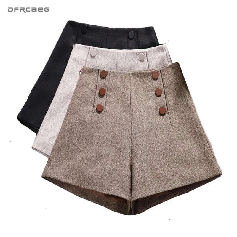 Loose Autumn Winter Button Wool Wide Leg Shorts For Women 2019 High ...
