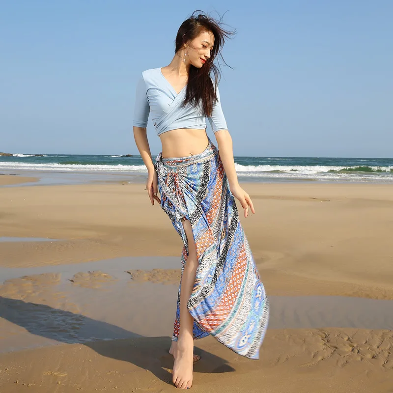 밸리 댄스 착용 여성 밸리 댄스 드레스 밀크 실크 셔츠 And 롱 하이 슬릿 스커트 정장 밸리 댄스 연습 의상 S238