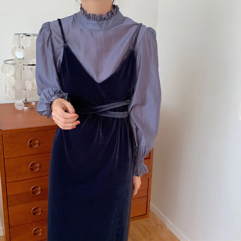 Chic Fake Two Piece Velvet Dresses Women Autumn Stand Collar Panelled ...