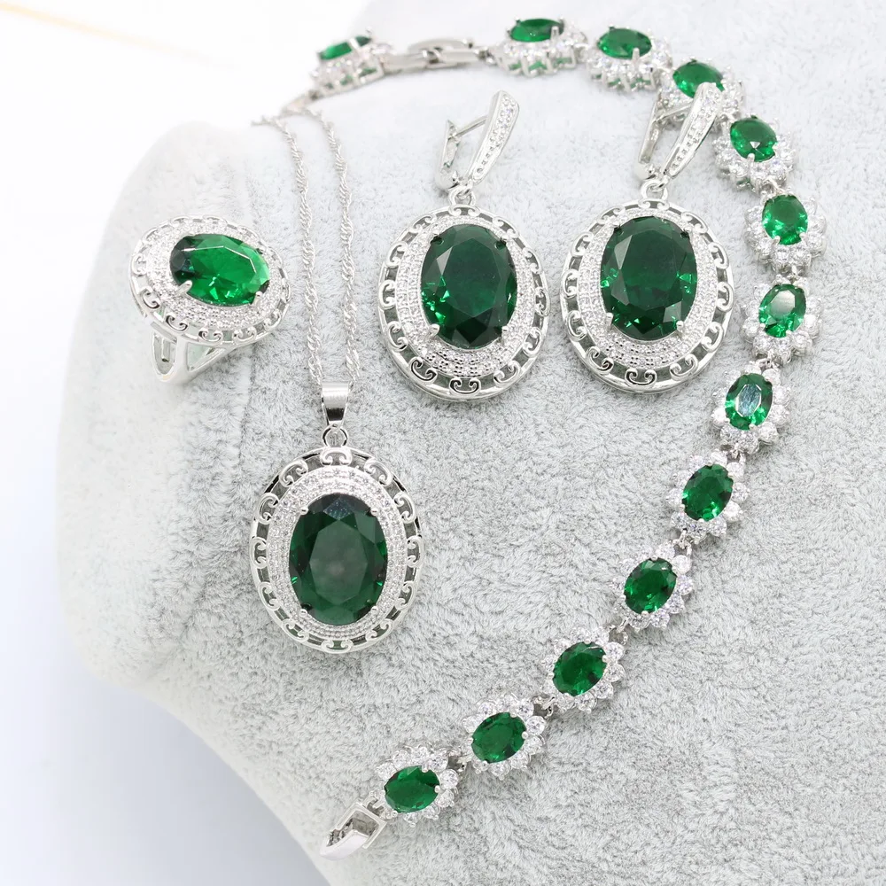 Big Green Emerald Silver Bridal Jewelry Sets Women Wedding Costume ...