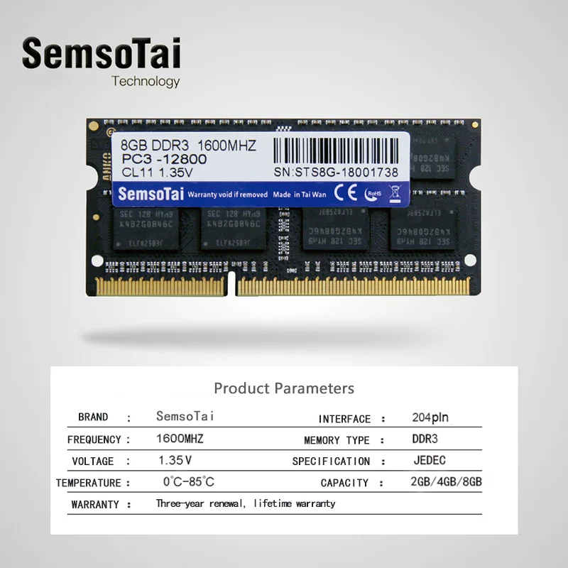 SemsoTai ram ddr3 4gb 1600MHz Память PC3-12800 CL = 11 1,35 v 204Pin 0 ...