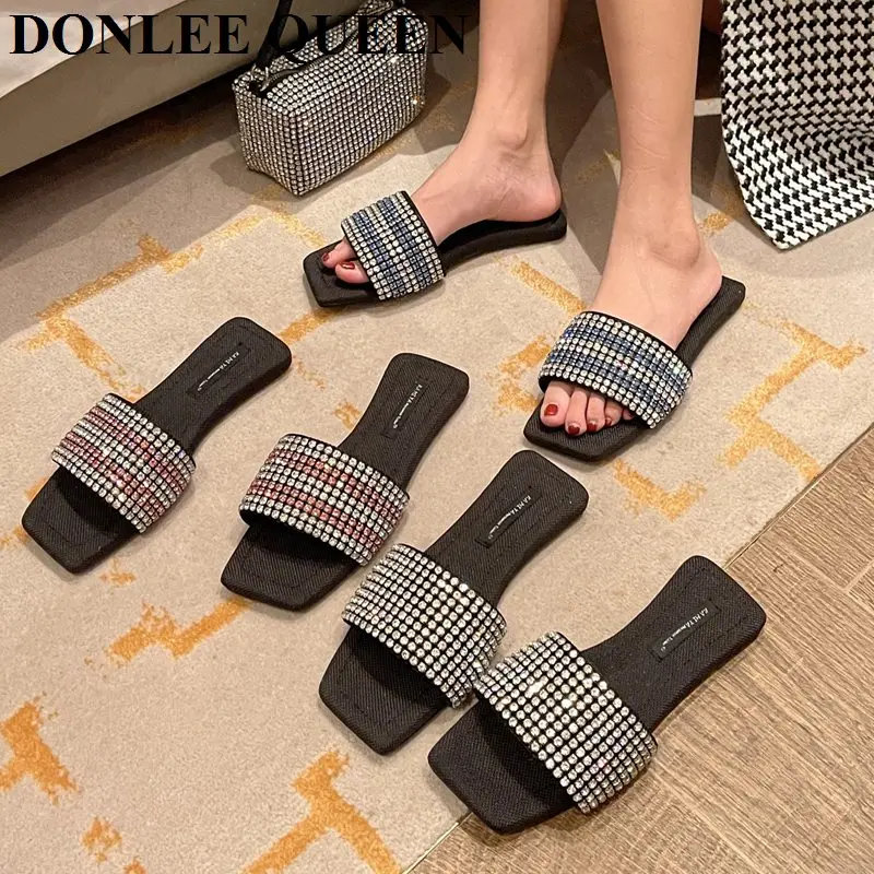 여성용 패션 블링 라인스톤 슬리퍼 플랫 캐주얼 플립 플롭 여름 샌들 크리스탈 신발 런웨이 슬리퍼 2022 새로운 브랜드