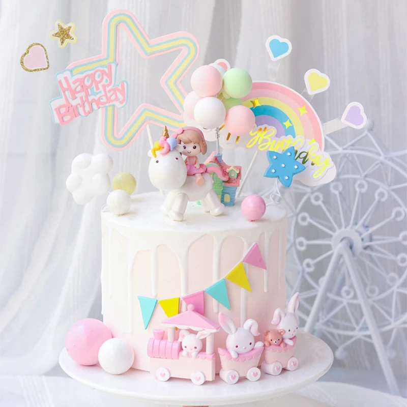 Unicorn kız kek Topper mutlu doğum günü dekorasyon gökkuşağı düğün ...