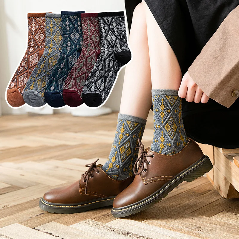 High Quality Cotton Woman Socks Plaid Vintage Streetwear Crew Socks ...
