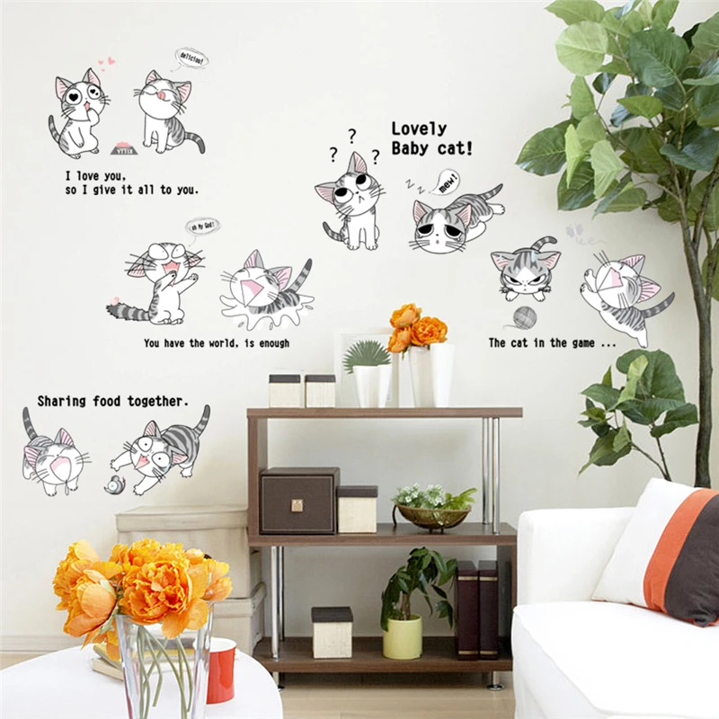 Cartoon Animal Cheese Cat Wall Stickers Cute Kitten Decal Living Room ...