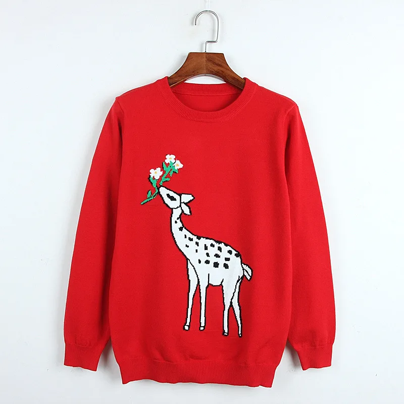 Suéter de jacquard de dibujos animados de otoño rojo sika deer fawn ...