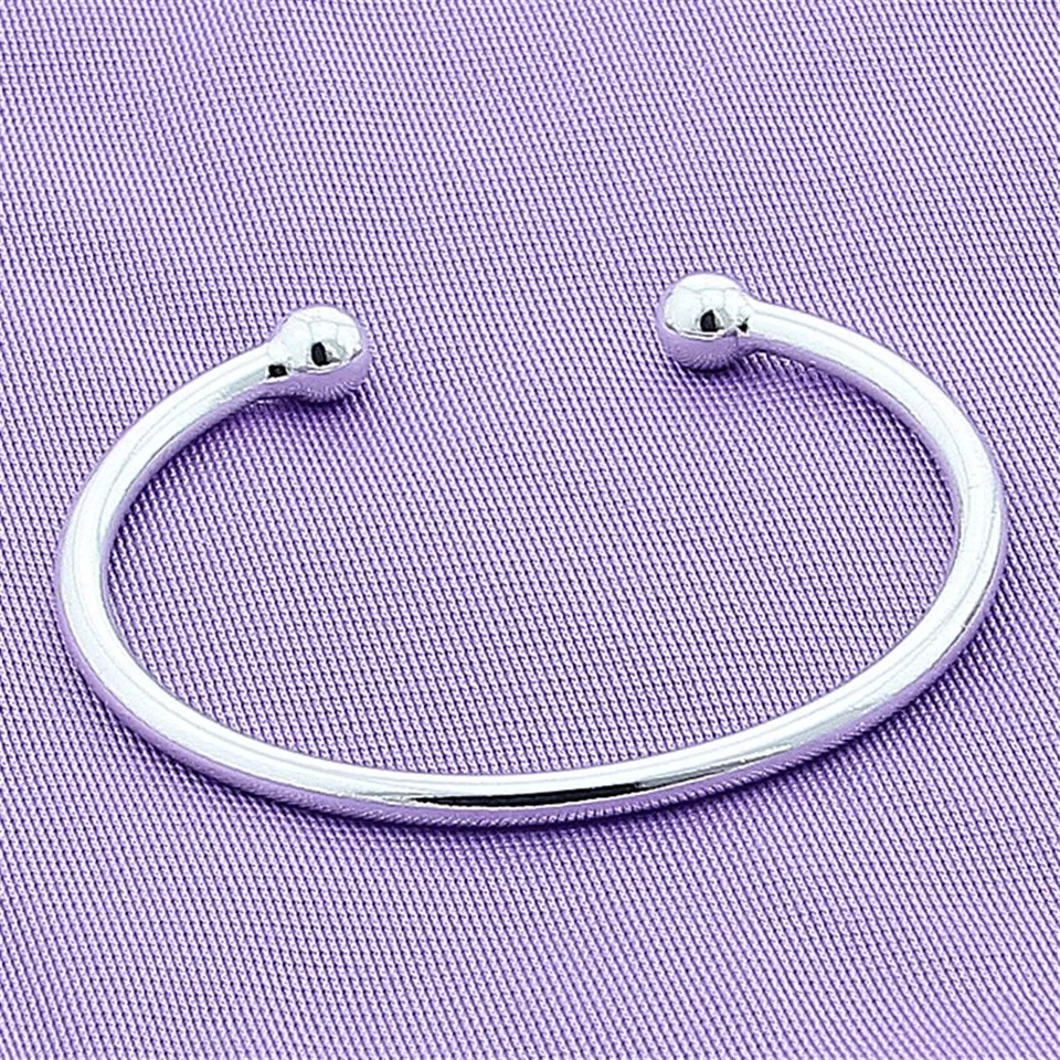 925 Sterling Silver Smooth Solid Bead Bracelet Bangles For Women Men Wedding Engagement Party ...