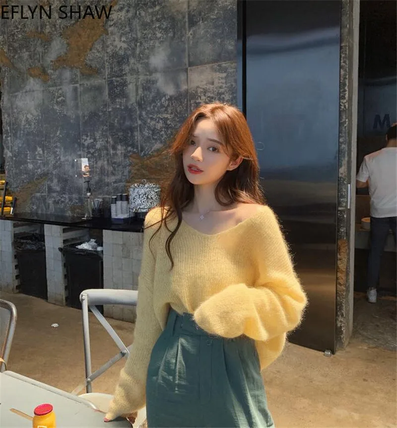 Women Fuzzy Sweaters Fall Cute V Neck Thin Loose Short Knitted Tops ...