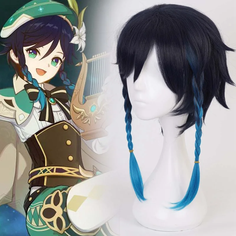 Game Genshin Impact Venti Gradient Blue Short Cosplay Braided Wig ...