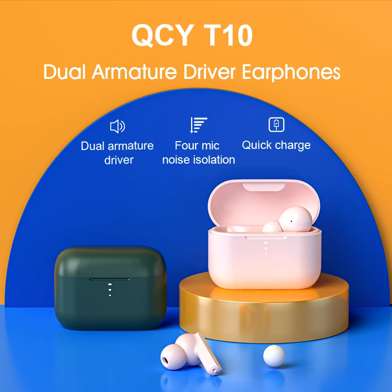 QCY T10 Wireless Bluetooth eadphones 4Mic noise isolation Dual Armature Driver Headphones Type-C ...