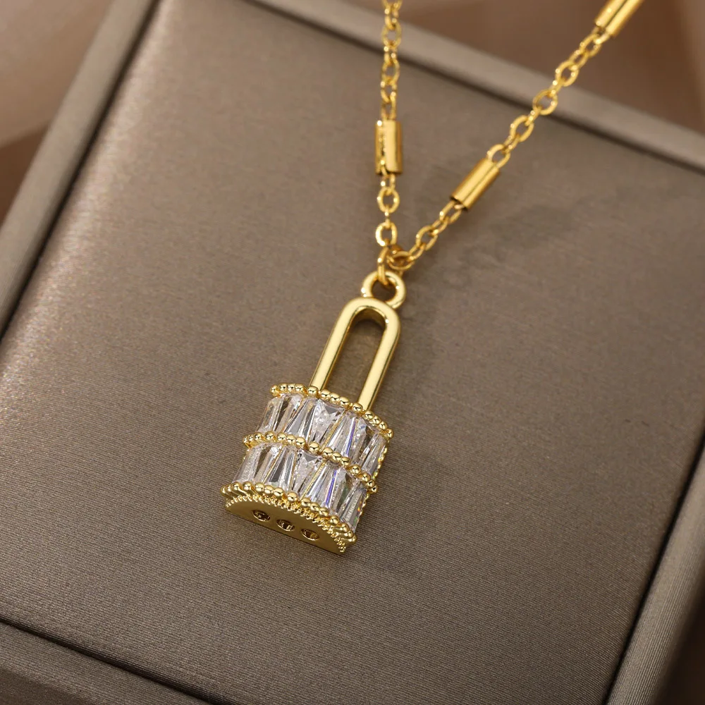 Stainless Steel Lock Catch Necklace For Women Girl Metal Chain Zircon ...