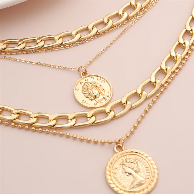 Multi Layer Cuban Choker Portrait Vintage Coin Pendant Necklace | Muduh ...
