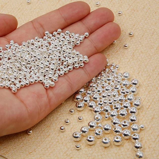 10-40pcs REAL 925 Sterling Silver Round Beads Spacer Beads Silver Bead ...