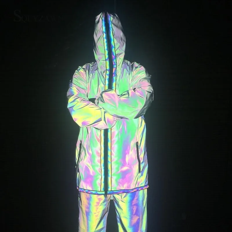 Full Zipper Reflective Holographic Trench Coat Men Laser Thin Punk Long ...