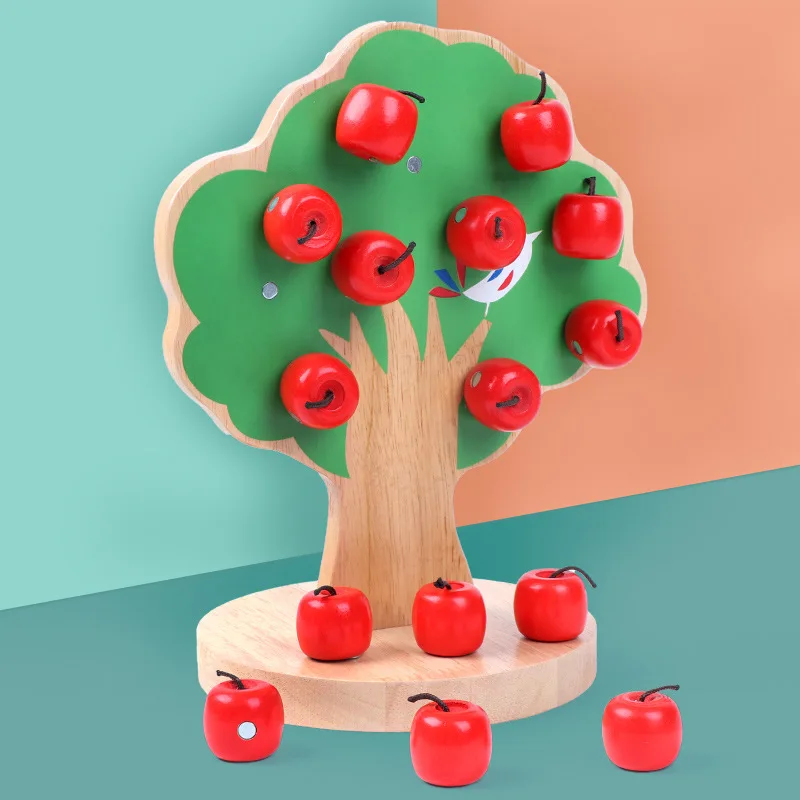 Wooden Magnetic Apple Tree Game Kids Montessori Teaching Aids Learning ...