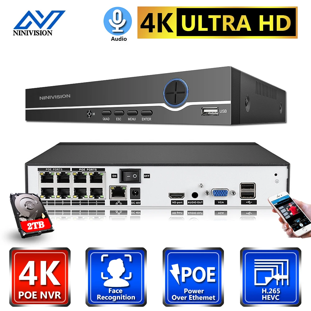 4K RJ45 Network Video Surveillance Recorder 8 channel POE NVR System ...