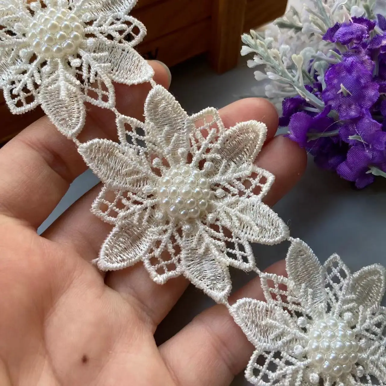 10x Ivory 5cm Snowflake Flower Pearl Beaded Lace Trim Ribbon Handmade ...