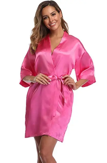plain Satin Robes hot pink champagne silver Kimono bathrobe Women's ...