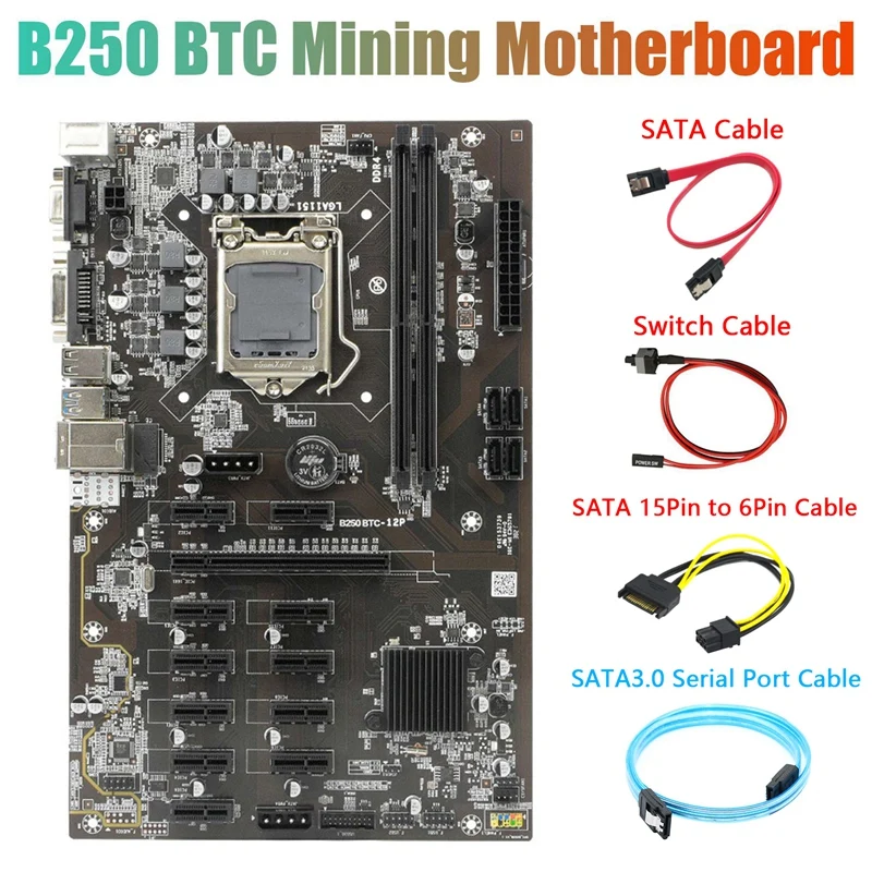 B250 btc mineiro placa mãe com cabo de porta serial sata + sata 15pin ...